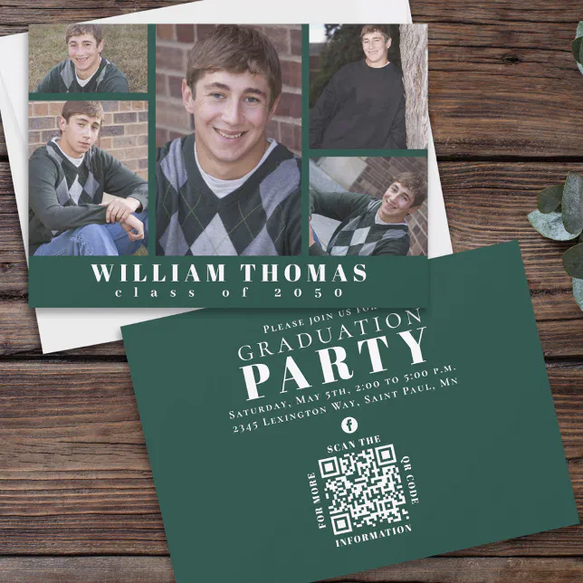 Graduate Multi Photo Collage Dark Green QR Code Invitation | Zazzle