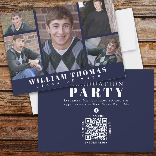 Graduate Multi Photo Collage Navy Blue QR Code Invitation | Zazzle