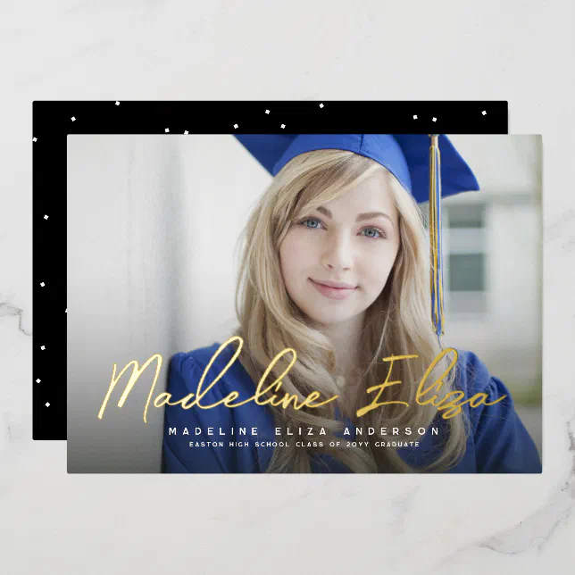 Graduate name signature script photo graduation foil invitation | Zazzle