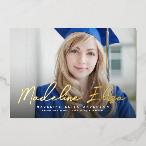Graduate name signature script photo graduation foil invitation | Zazzle