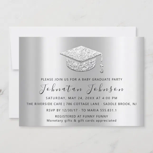Graduate Party Student Silver Gray Grey Barret Invitation | Zazzle