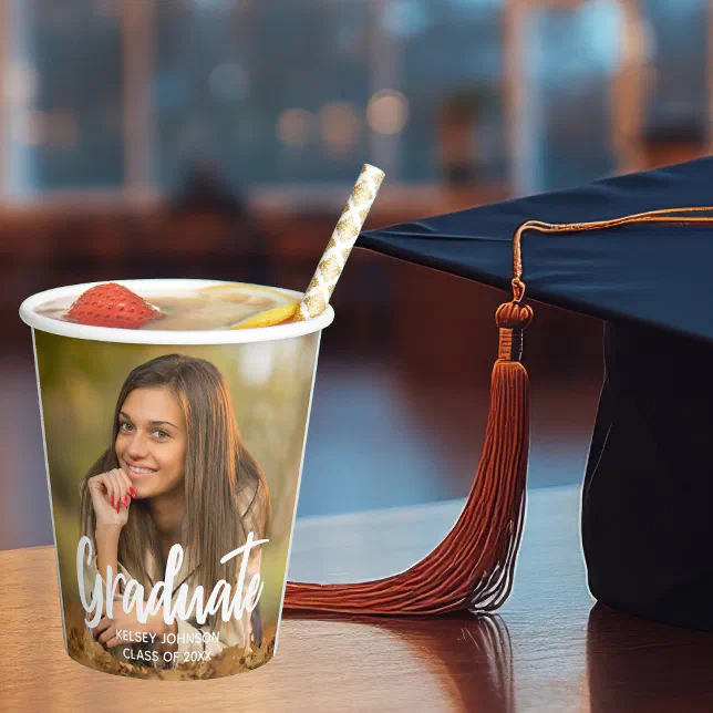 Graduate Photo Bold Script Custom Graduation Party Paper Cups | Zazzle