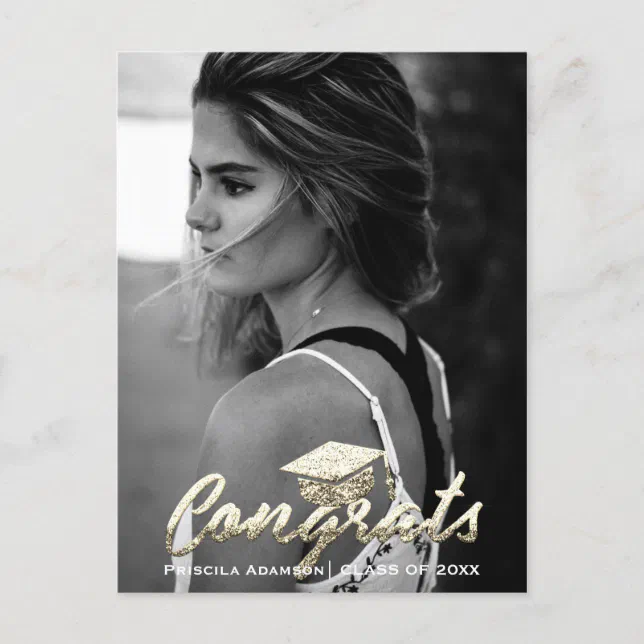 Graduate Photo Class Of Year Name Gold Glitter Postcard | Zazzle