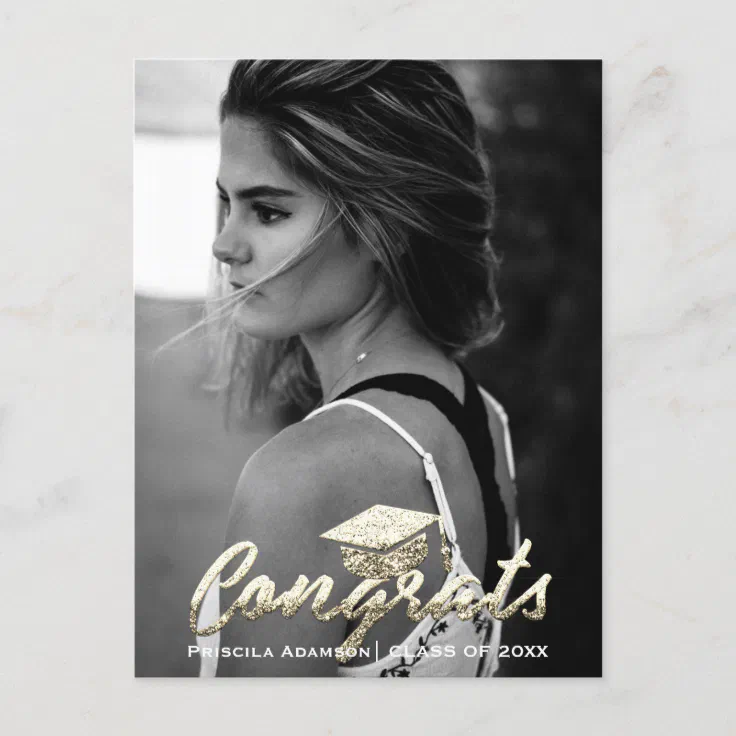 Graduate Photo Class Of Year Name Gold Glitter Postcard | Zazzle