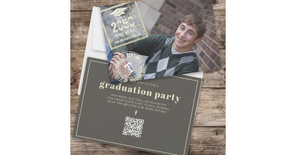 Graduate Photo Modern Gold Cool Grad Stamp QR Code Invitation | Zazzle