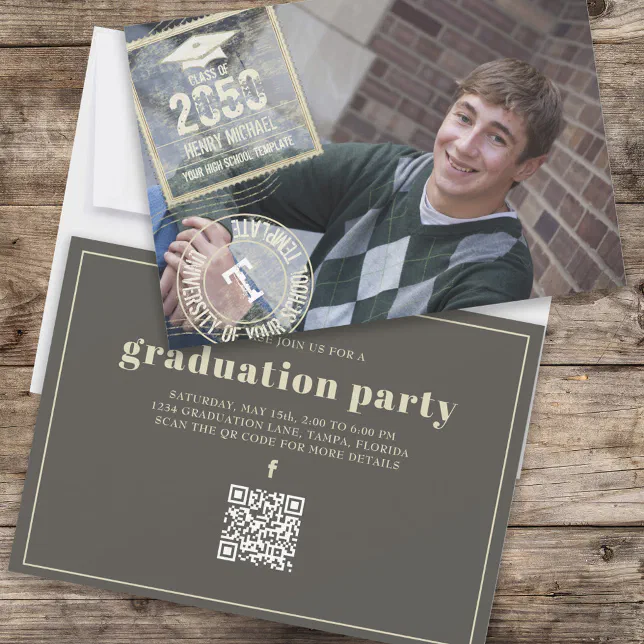 Graduate Photo Modern Gold Cool Grad Stamp QR Code Invitation | Zazzle