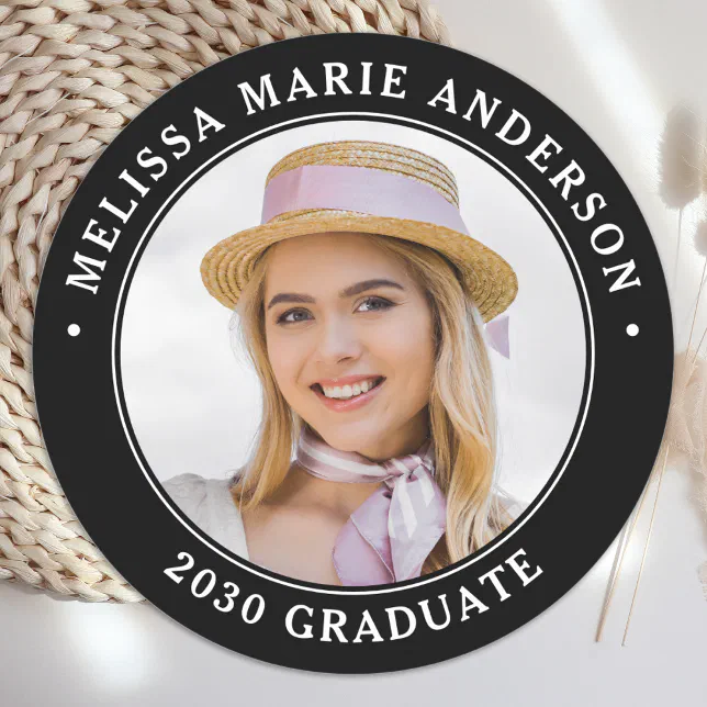 Graduate Photo Name Year Chic Black Graduation Classic Round Sticker ...