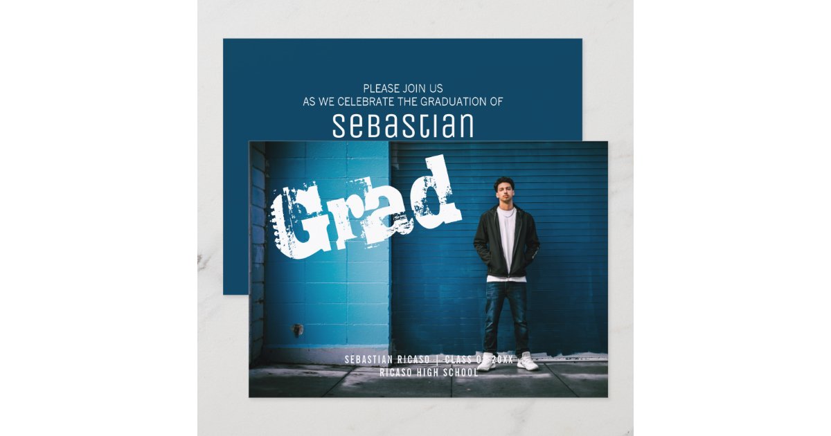 Graduate Photo Personalized Graffiti Blue Invitation | Zazzle