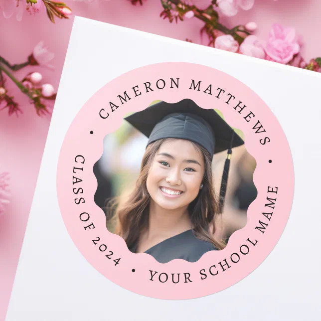 Graduate photo pink wavy border graduation classic round sticker | Zazzle