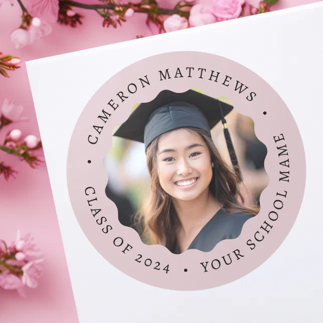 Graduate photo rose taupe wavy border graduation classic round sticker ...