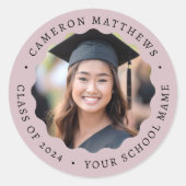 Graduate photo rose taupe wavy border graduation classic round sticker ...
