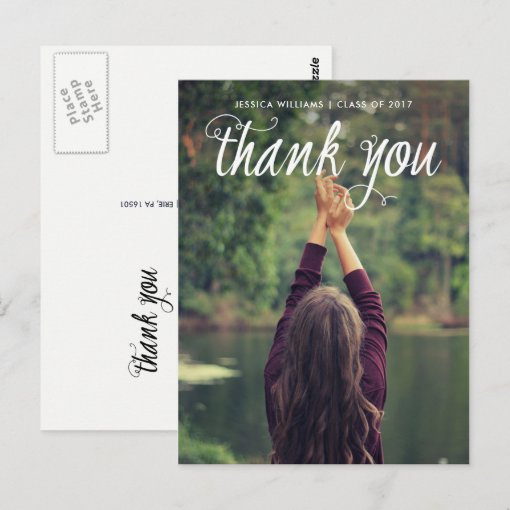 Graduate Photo Thank You in Modern Calligraphy Postcard | Zazzle