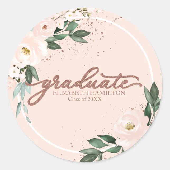 Graduate Pink Blush Floral Graduation Party Classic Round Sticker | Zazzle
