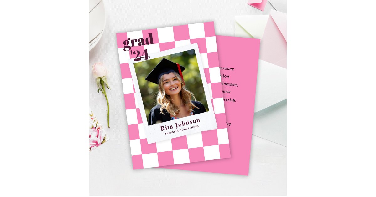Graduate Pink Checkered Modern Photo Graduation Announcement | Zazzle