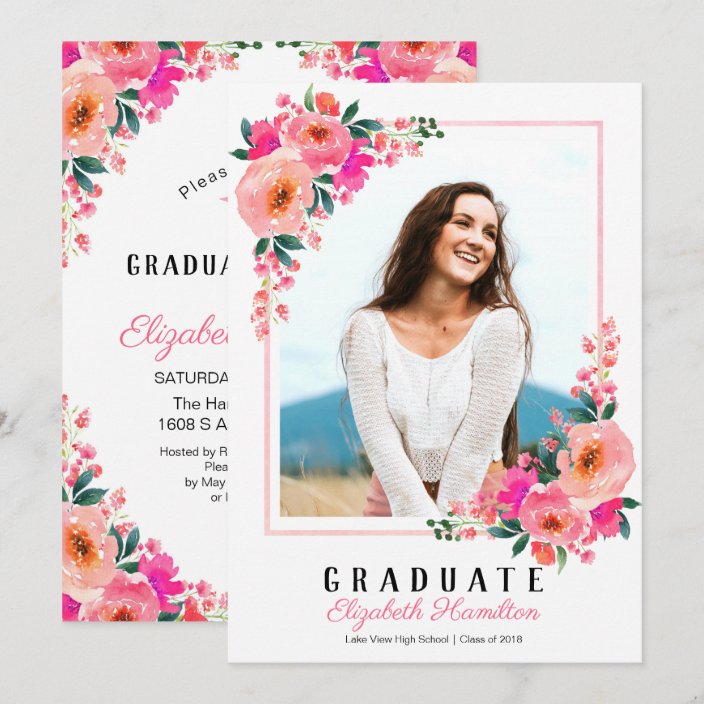 Graduate Pink Floral Frame Graduation Party Photo Invitation | Zazzle.com