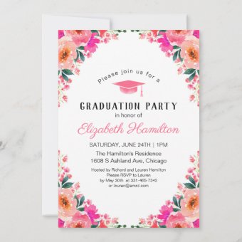 Graduate Pink Floral Frame Graduation Party Photo Invitation | Zazzle