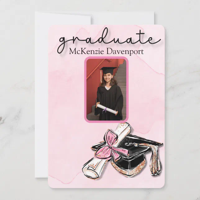 Graduate Pink Gold Glitter Cap Diploma Add Photo Invitation | Zazzle
