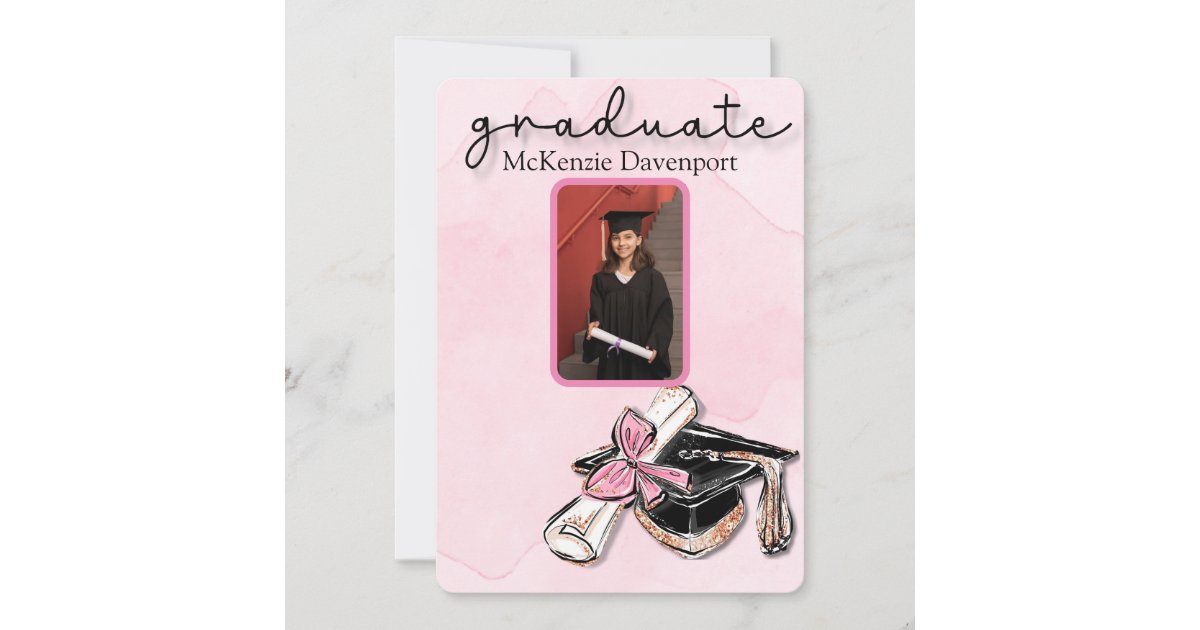 Graduate Pink Gold Glitter Cap Diploma Add Photo Invitation | Zazzle