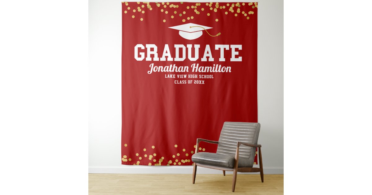 Graduate Red Gold Graduation Party Backdrop | Zazzle
