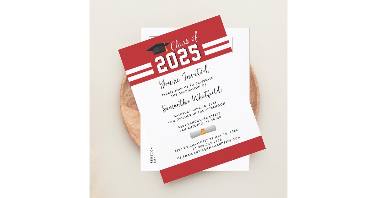 Graduate Red White Class of 2025 Graduation Invitation Postcard | Zazzle