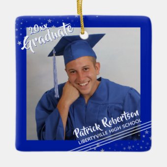 Graduate, Royal Blue Border & Stars, Two-Photo Ceramic Ornament | Zazzle