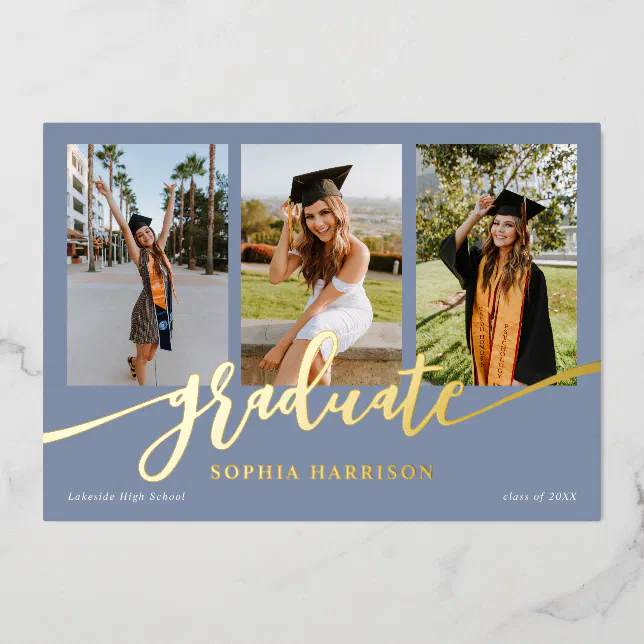 Graduate Script 3 Photos Dusty Blue Graduation Foil Invitation | Zazzle