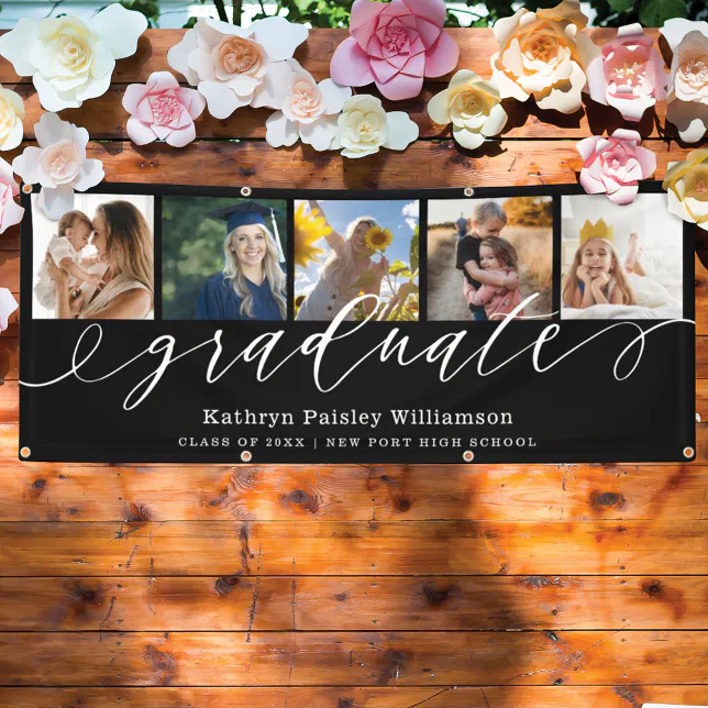 Graduate Script 5 Photo Collage Black Graduation Banner | Zazzle
