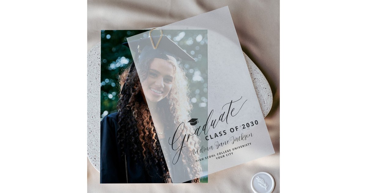 Graduate script elegant graduation overlay vellum invitations | Zazzle