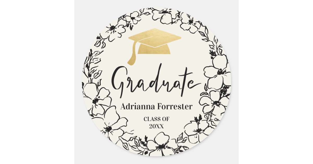 Graduate Script | Grad Hat Gold Floral Wreath Classic Round Sticker ...