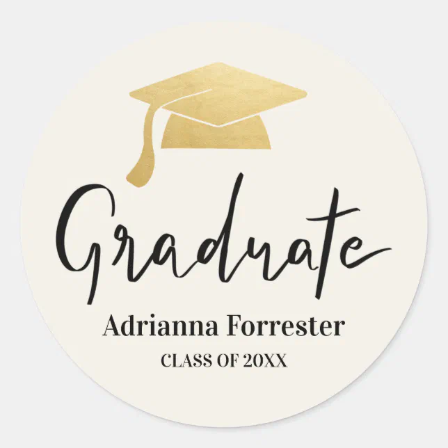 Graduate Script | Grad Hat Gold Foil | Modern Classic Round Sticker ...