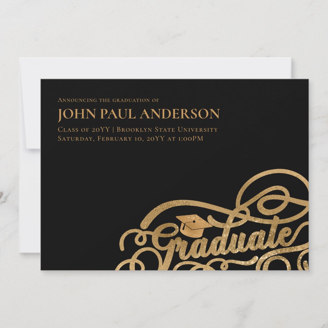 Graduate Script Graduation Grad Cap Black Gold Announcement | Zazzle