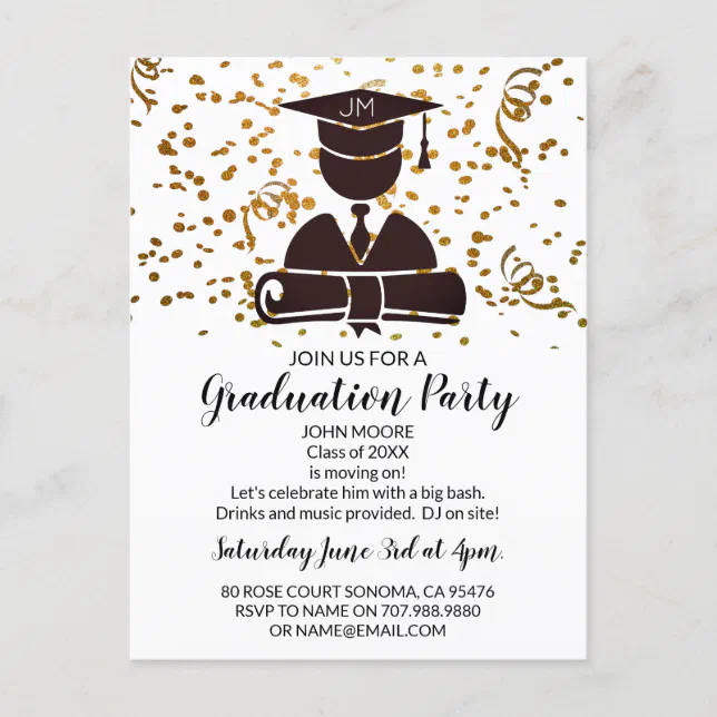 Graduate Silhouette Diploma And Confetti Invitation Postcard | Zazzle