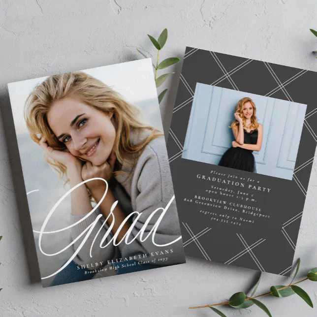 Graduate simple elegant two photo graduation invitation | Zazzle