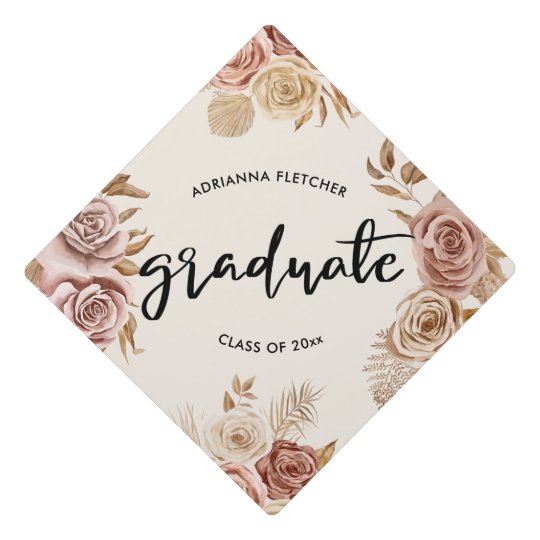Graduate Simple Modern Script Boho Roses Graduation Cap Topper | Zazzle.com