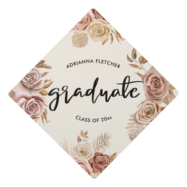 Graduate Simple Modern Script Boho Roses Graduation Cap Topper | Zazzle