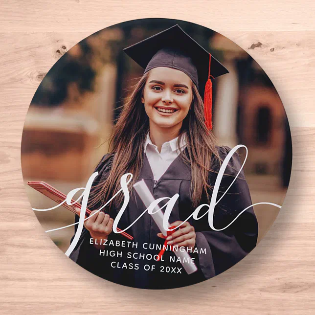 Graduate Simple Modern Script Classic Photo Button | Zazzle