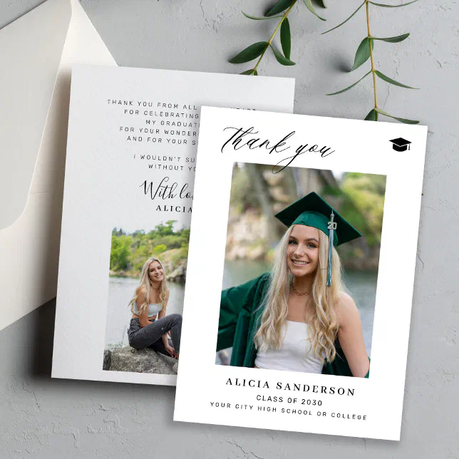 Graduate simple modern script photo graduation thank you card | Zazzle