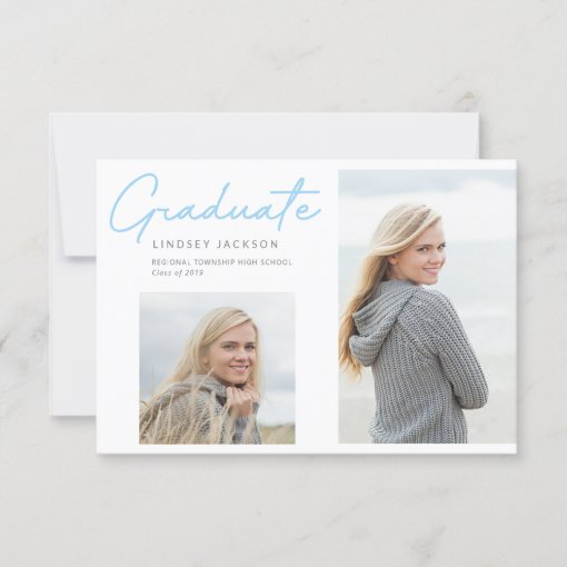 Graduate Stylish Blue Smooth Script 2-Photo Announcement | Zazzle