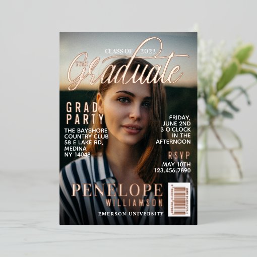 Graduate Stylish Magazine Cover Photo Grad Party Foil Invitation | Zazzle