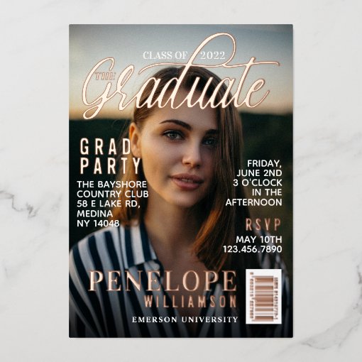 Graduate Stylish Magazine Cover Photo Grad Party Foil Invitation | Zazzle