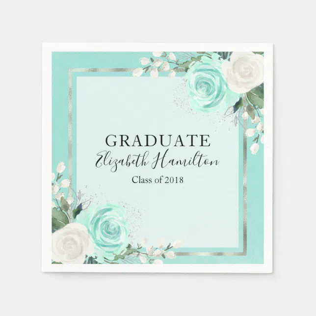 Graduate Teal & Foil Silver Chic Floral Graduation Napkins | Zazzle