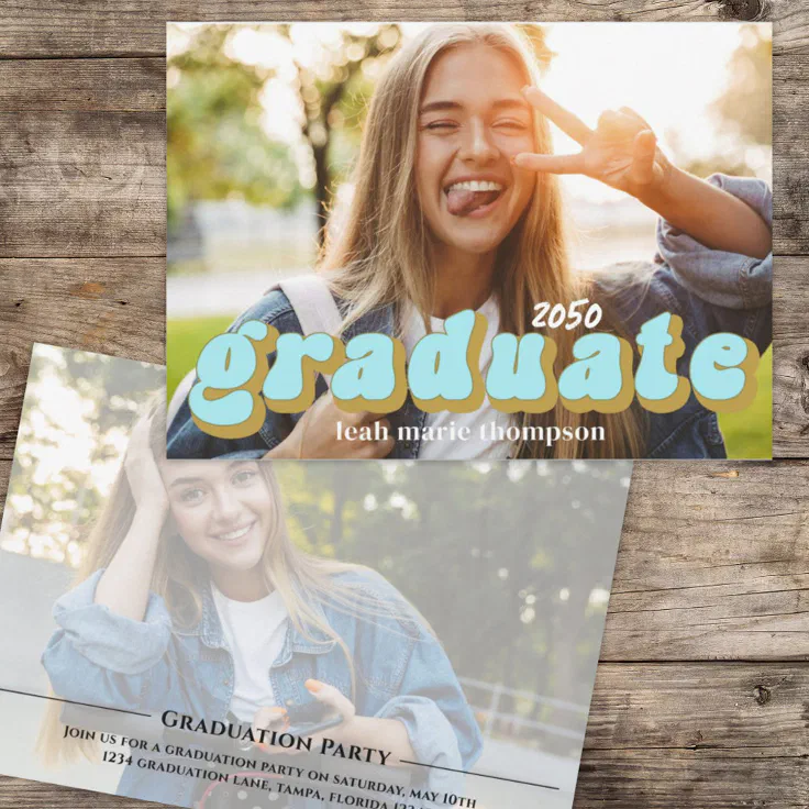 Graduate Typography Photo Blue Simple Two Photo Invitation | Zazzle