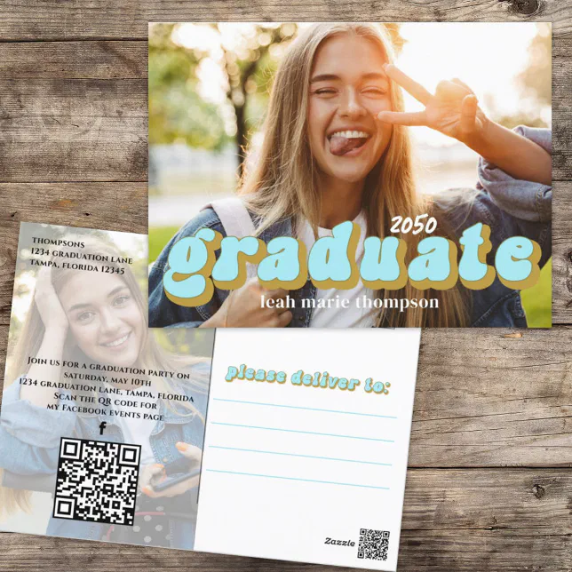 Graduate Typography Photo QR Code Social Media Postcard | Zazzle