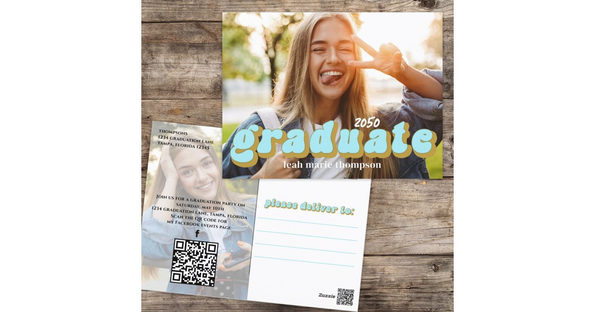 Graduate Typography Photo QR Code Social Media Postcard | Zazzle