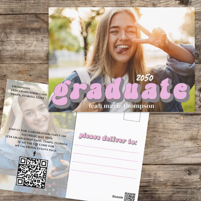 Graduate Typography Photo QR Code Social Media Postcard | Zazzle