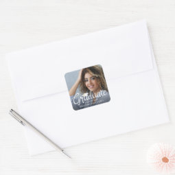 Graduate White Handwritten Script Photo Square Sticker | Zazzle