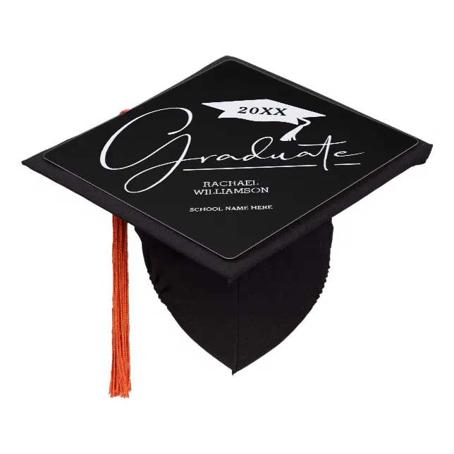 Graduate White Script Black Graduation Cap Topper | Zazzle
