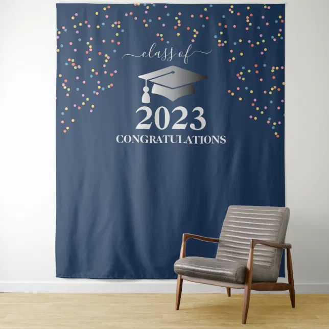 Graduation 2023 Royal Blue Confetti Silver Tapestry | Zazzle