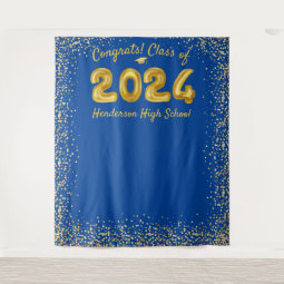 Graduation 2024 Gold Balloons Blue Photo Backdrop | Zazzle