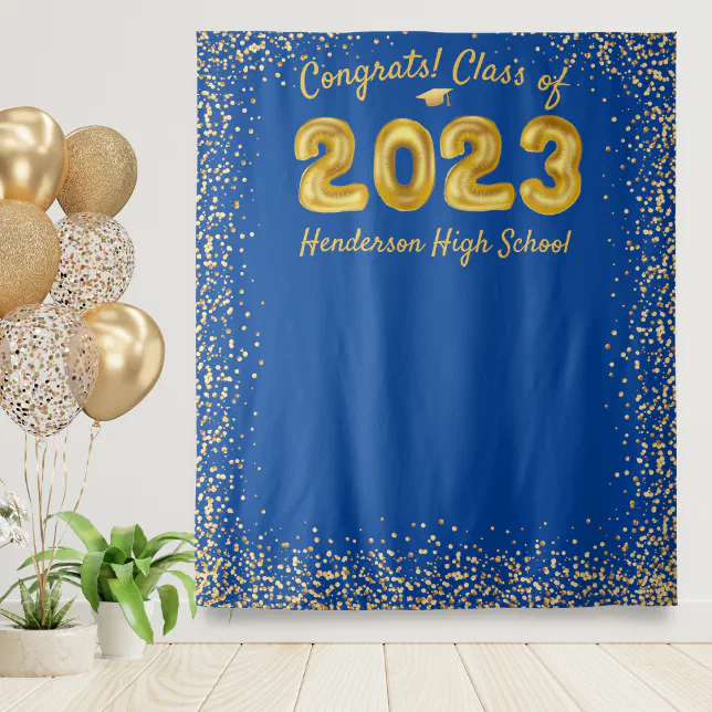 Graduation 2024 Gold Balloons Blue Photo Backdrop | Zazzle
